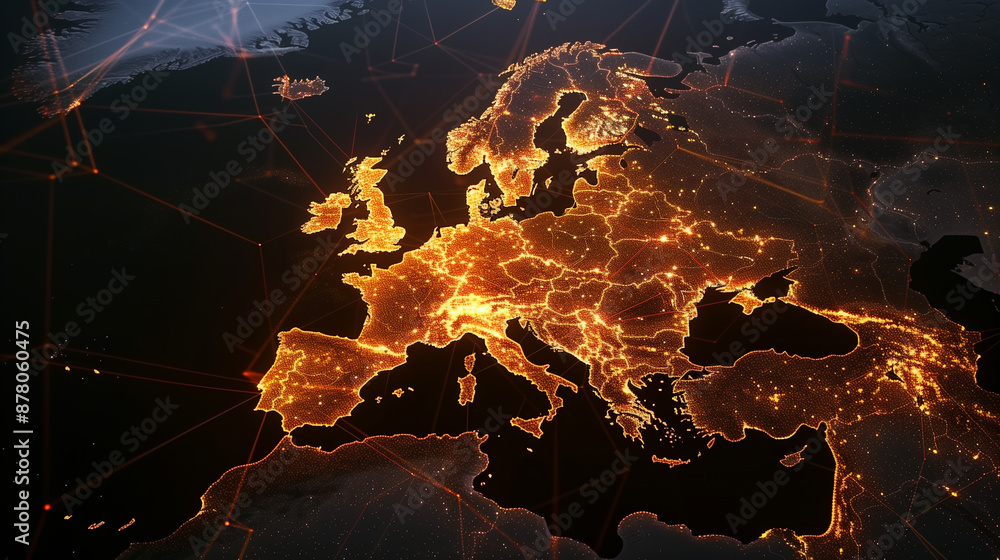 Glowing Network Map of Europe with Digital Connections Stock ...