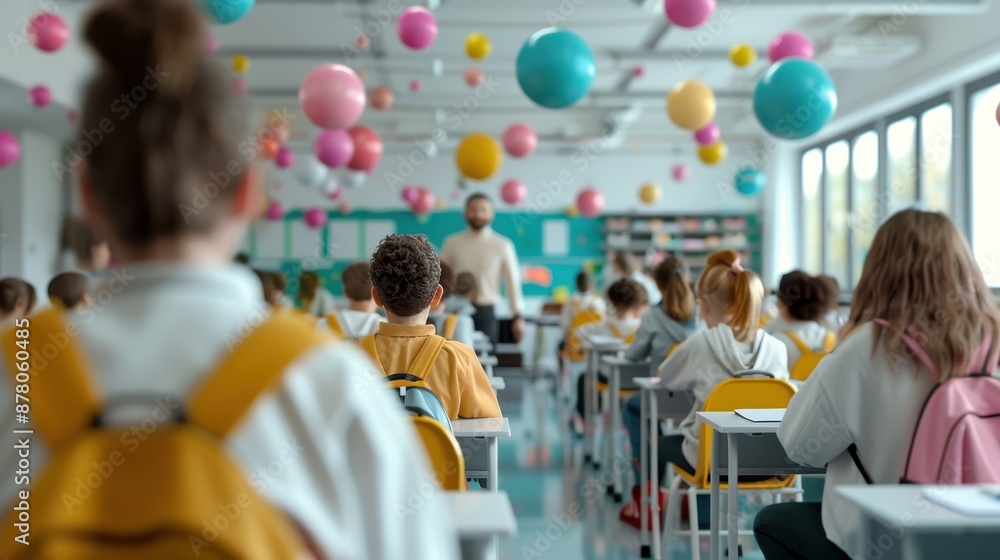 back to school bustling classroom students at desks teacher instructing ...