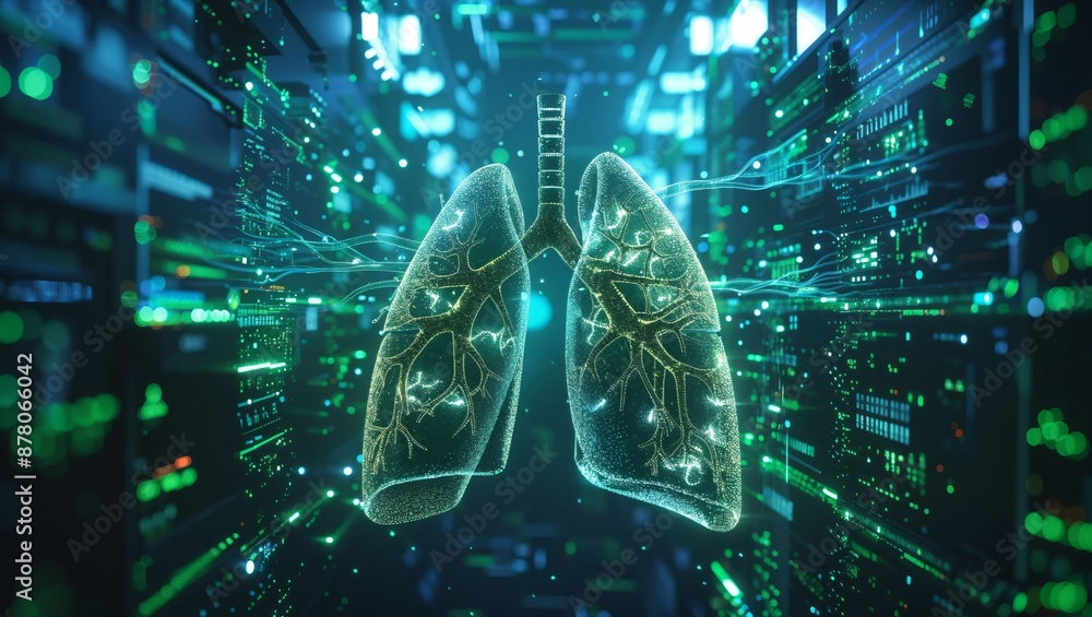 Digital illustration featuring human lungs overlayed on a futuristic ...