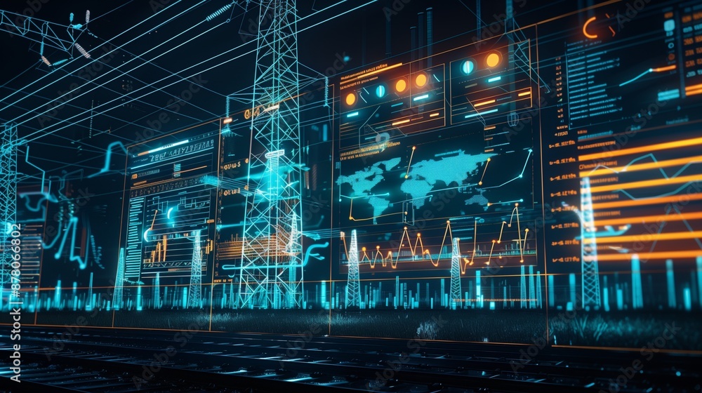 A detailed display showcasing data analysis and information diagrams for electricity grid ...