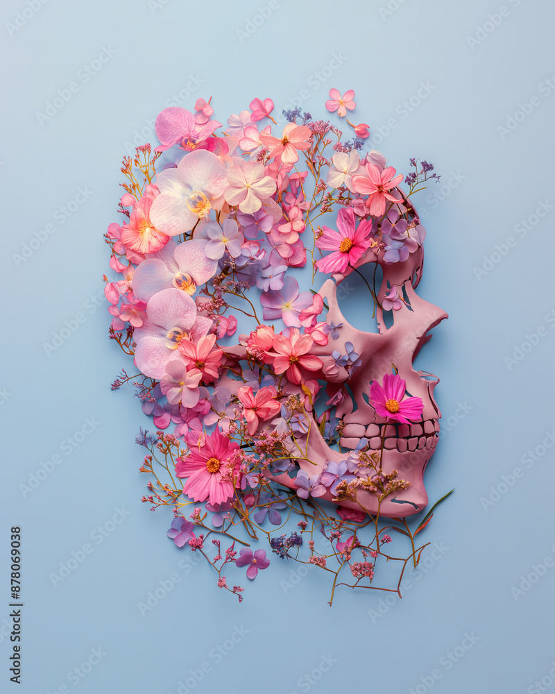 Artistic installation of a skull head in profile decorated with fresh ...