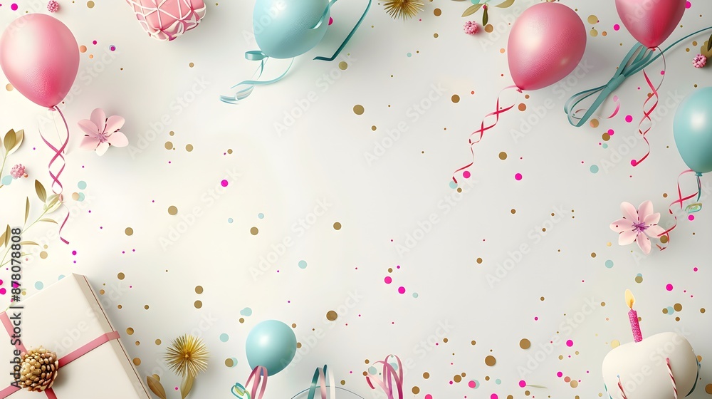 Soft gentle Birthday background composition with balloons and confetti ...