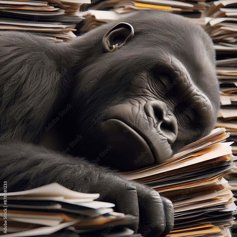 Tired gorilla sleeping on a desk with a book open face down after a ...