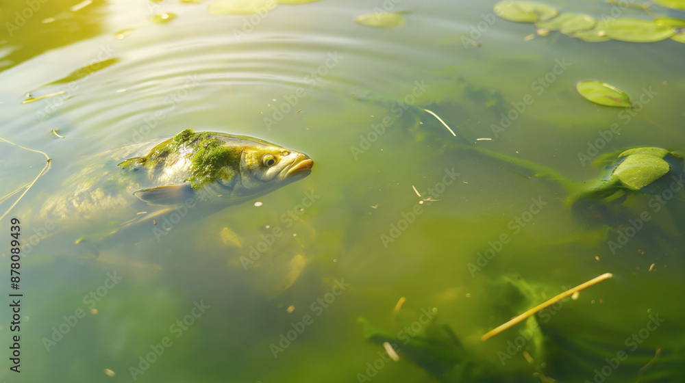Dead fish floating in polluted water covered with algae and debris. The ...