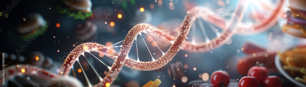 DNA strand with fast-food elements, illustrating the link between FTO ...