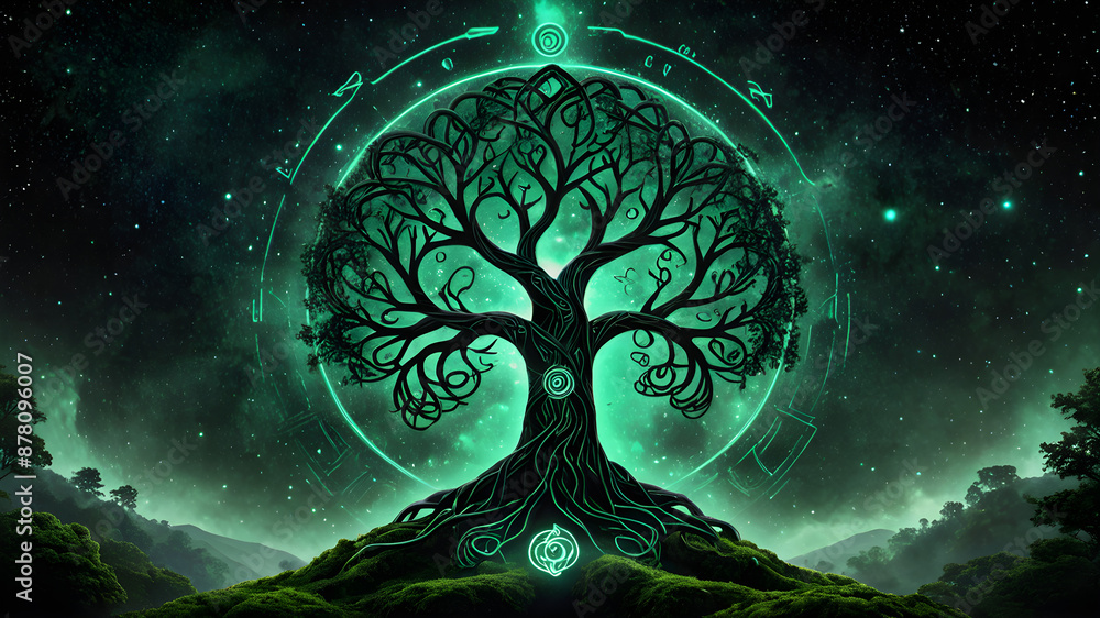 Forest Tree of Life with Runes in Celtic green and Black Mythology ...