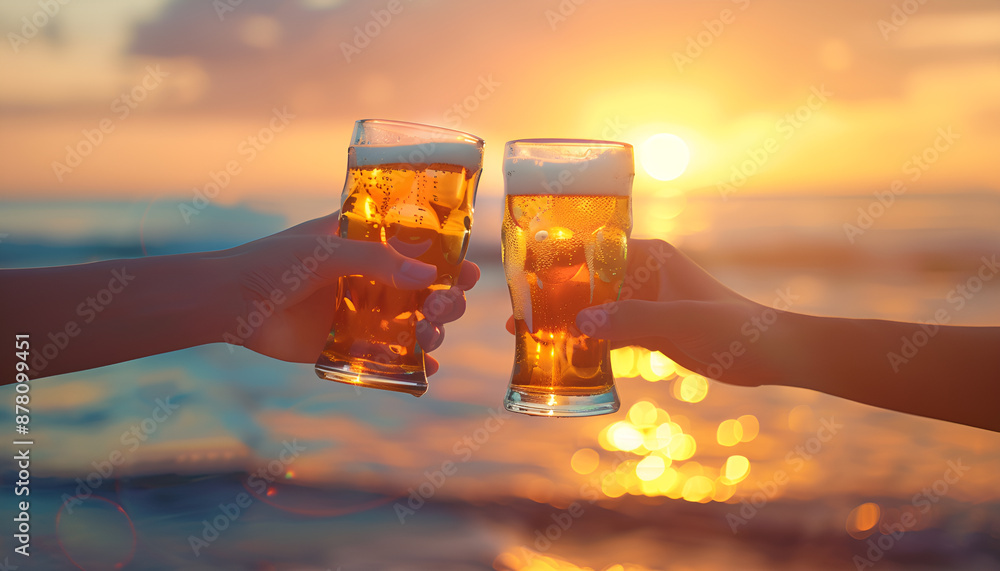 Two hands holding beer glasses toasting each other with the sun setting ...