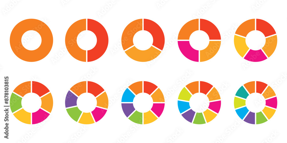 Vetor de Set of infographic circle chart, pies segmented with equal parts, Wheels divided in ...