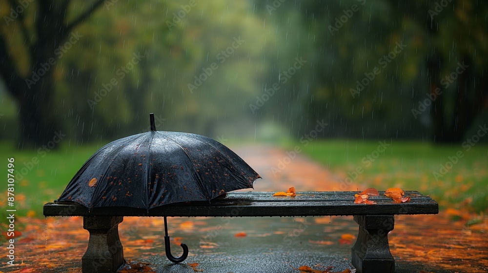 A lively and detailed photo of a rain soaked umbrella left on a park ...