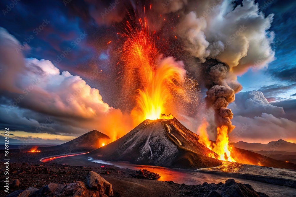 Volcano eruption dramatic scenery of lava fumes and celestial objects ...
