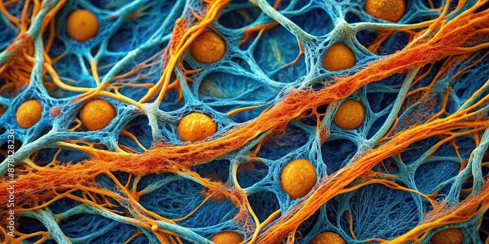 Microscopic structure fibrous connective tissue Intertwined spongy blue ...