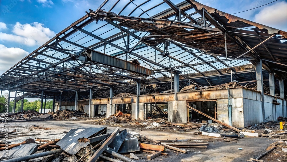 Destroyed industrial building Insulated roof structures of an ...