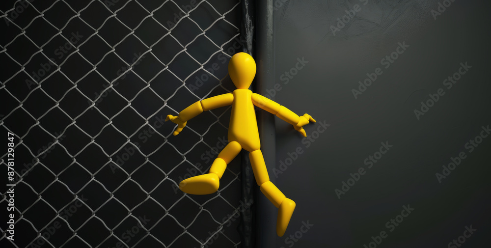 yellow stick figure man breaking through grey fence, black background ...