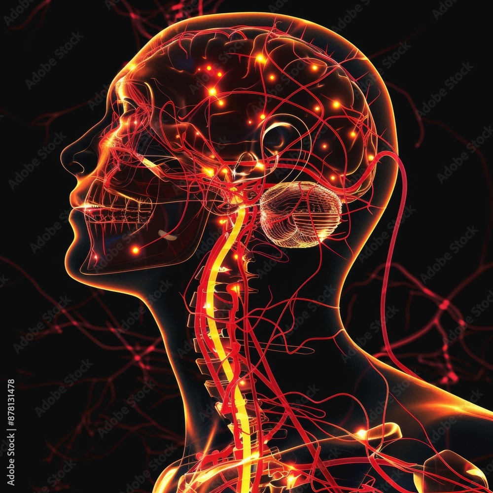 Detailed X-ray of human head and neck highlighting nerve pathways and ...