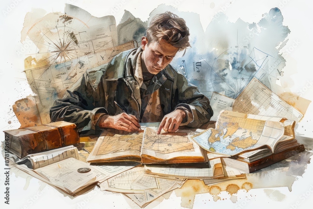 A watercolor scene of a sailor charting a course with maps and nautical ...