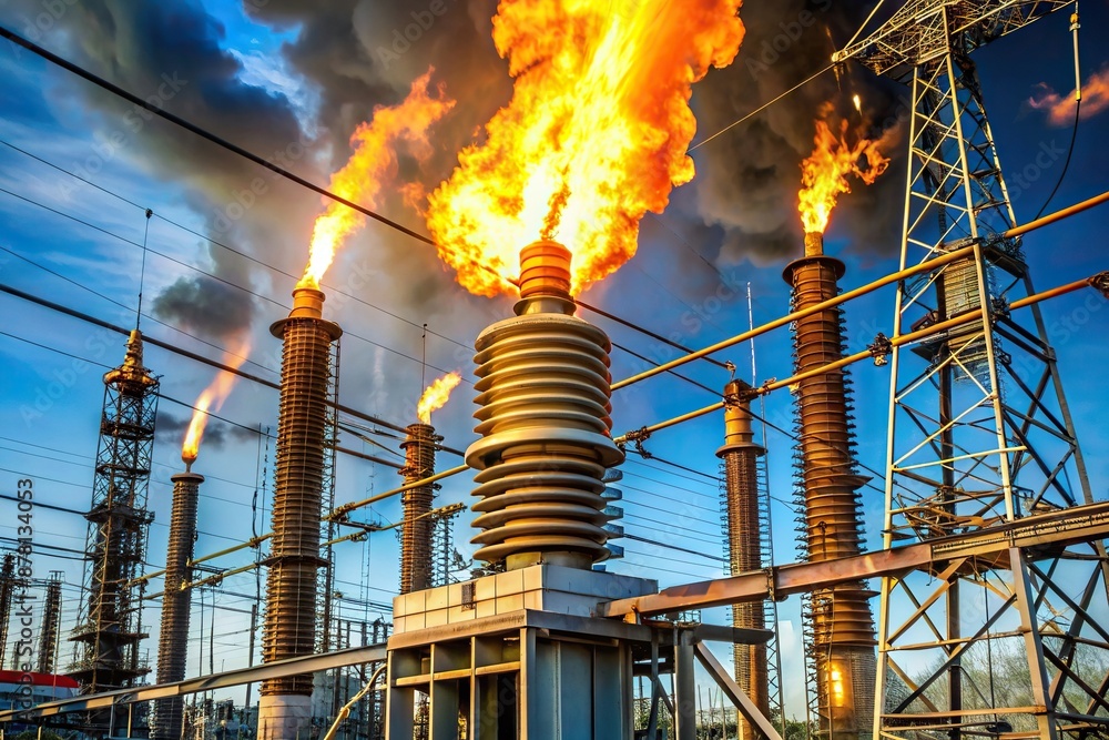 Transformer explosion in power plant High voltage insulator on fire ...