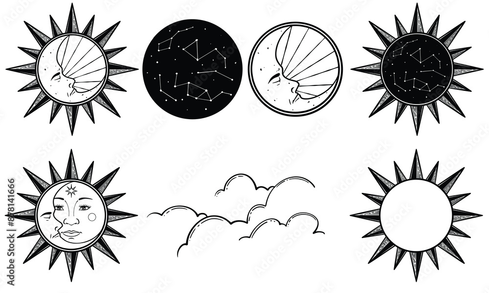 Set of sun, moon, stars, clouds, constellations and esoteric symbols. Alchemy mystical magic ...