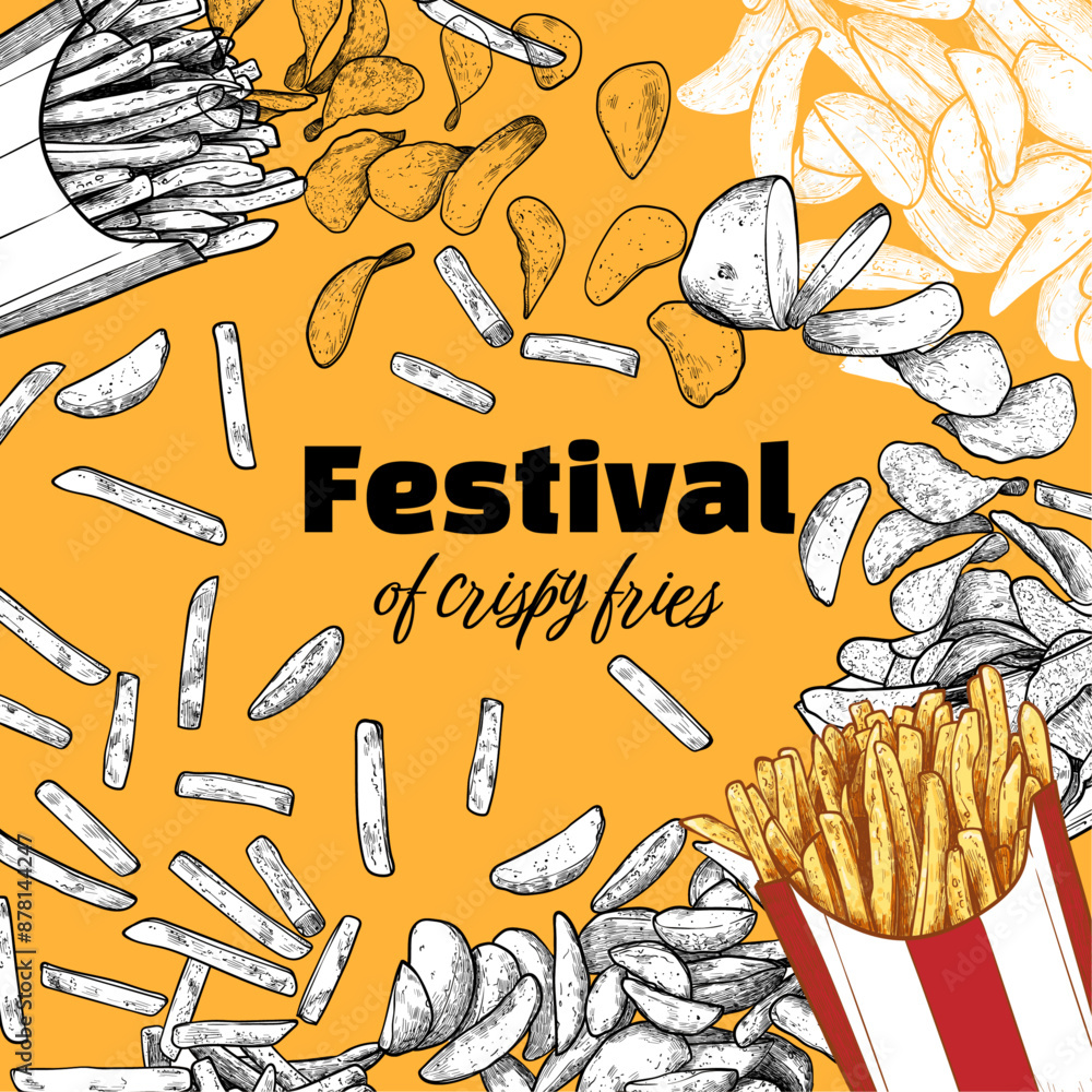 Various vector hand drawn line art fried fries scattered and grouped on ...