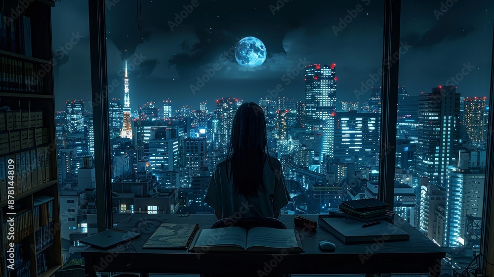 anime girl standing alone watching the night city sky digital art ...