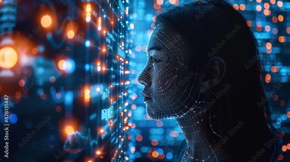 Side profile of female face with digital grid lines overlaying closeup ...