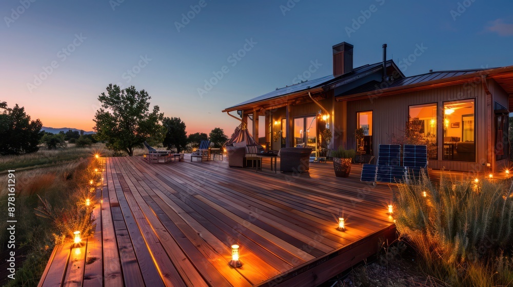 Ranch home with a sprawling wooden deck and an array of solar lights ...