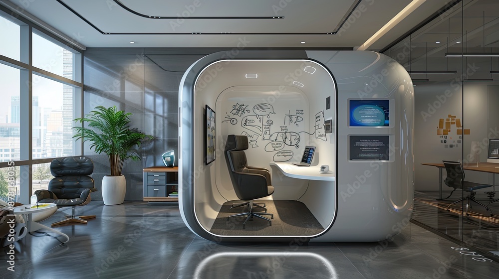 A modern office with a dedicated brainstorming pod, featuring touch ...