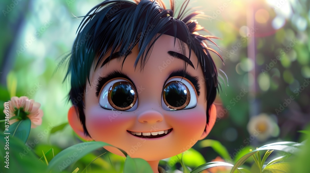 An adorable animated character with a beaming smile and twinkling eyes ...