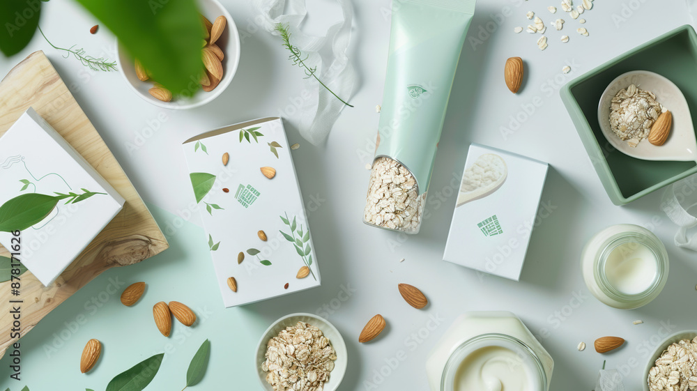 Ecological products: products made from almond and oat milk, packaging ...