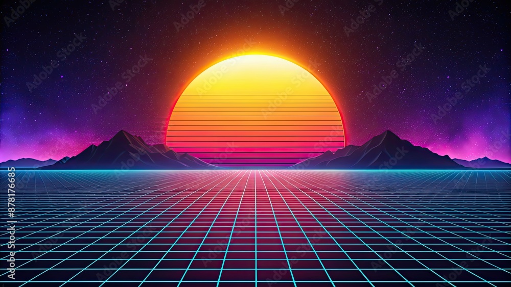 Retro 80s sci-fi background featuring a futuristic grid with a ...