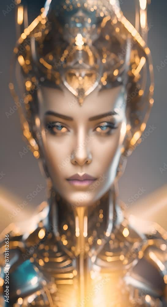 Close up portrait of a futuristic female cyborg wearing a glossy white ...