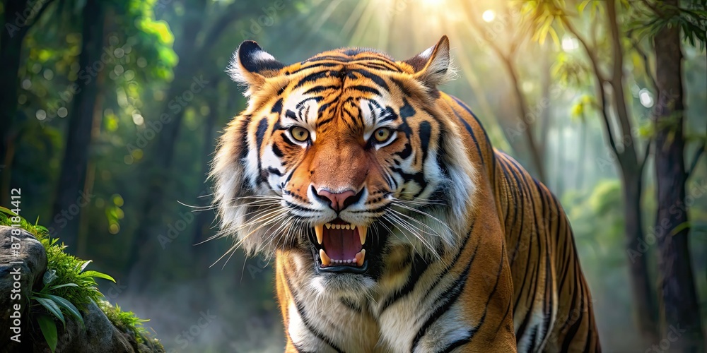 A detailed of a fierce saber-tooth tiger in a natural setting, predator ...