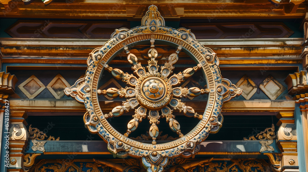 A symbol of the Dharma wheel, contrasting with the traditional temple ...