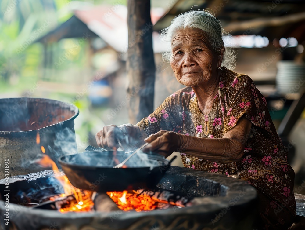 elderly indonesian woman cooking with traditional wood fire outdoor ...