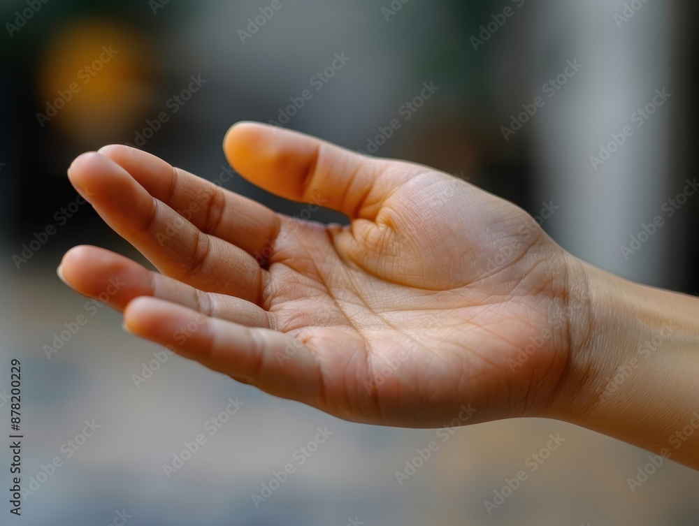 A close-up photograph of an open human hand with an outstretched palm ...
