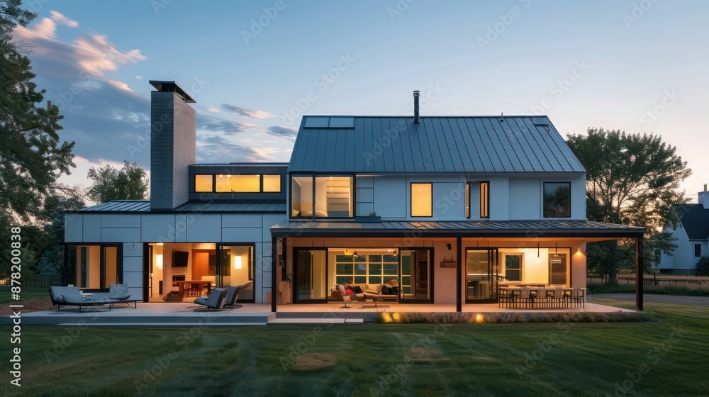 contemporary suburban farmhouse with a modular design, featuring pre ...