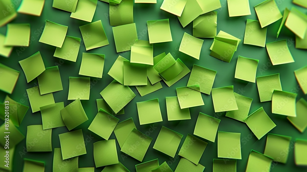 Explore a group of green sticky post-it notes arranged dynamically on a ...