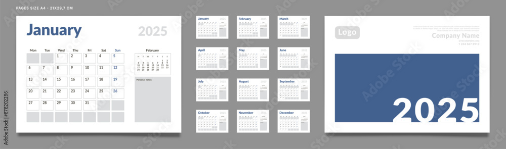 Set of 2025 Calendar Planner Template Pages Monthly, Cover with Place ...