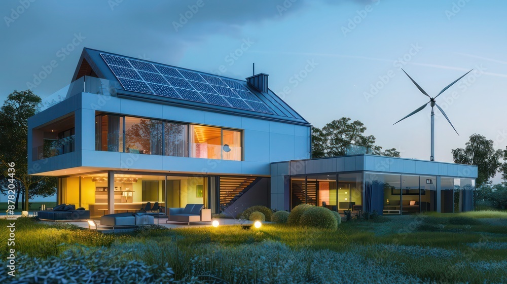 contemporary suburban farmhouse with an eco-friendly design, featuring ...