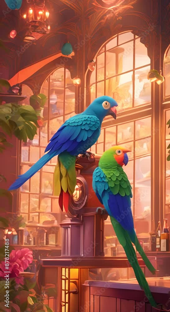 Two vividly colored parrots perch together amidst whimsical bar ...