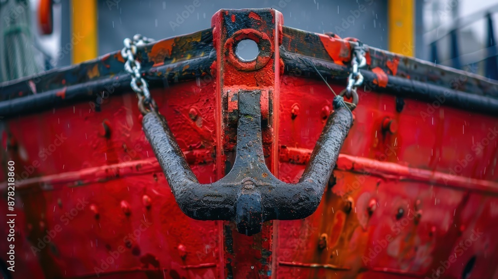 The striking image captures the front view of a weathered red boat with ...