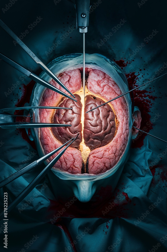 Brain surgery. Surgery horror concept. Surgeons operating on human body ...