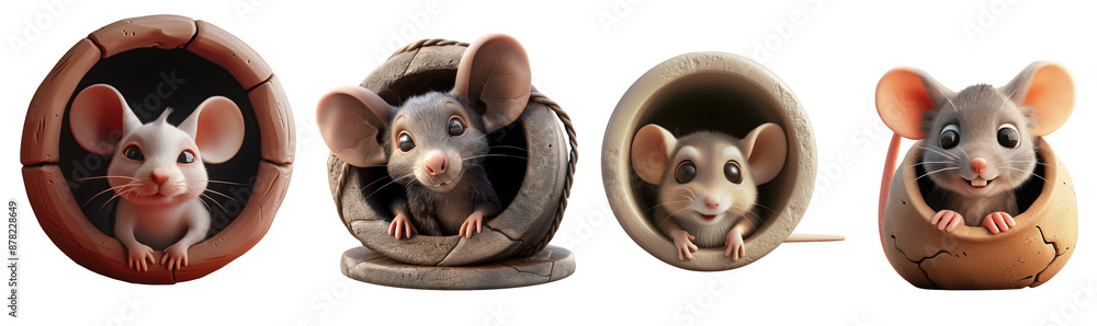 Four Cute Cartoon Mice Peeking Out of Clay Pots PNG Set - Isolated on ...