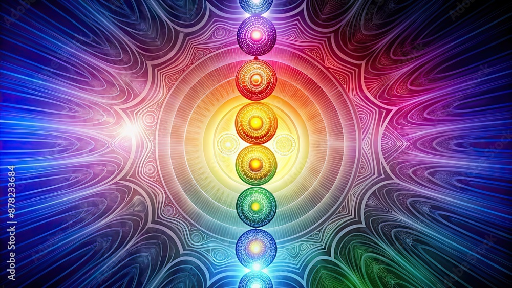 Kundalini Chakra diagram with stacked seven chakras and spiral on energy background , Kundalini ...