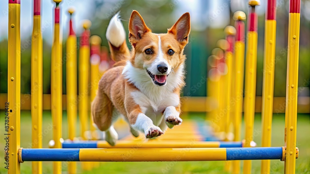 Portuguese Podengo racing through dog agility course obstacles ...