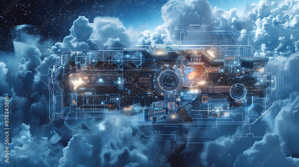 An ethereal blueprint floating in space, depicting electronic products ...