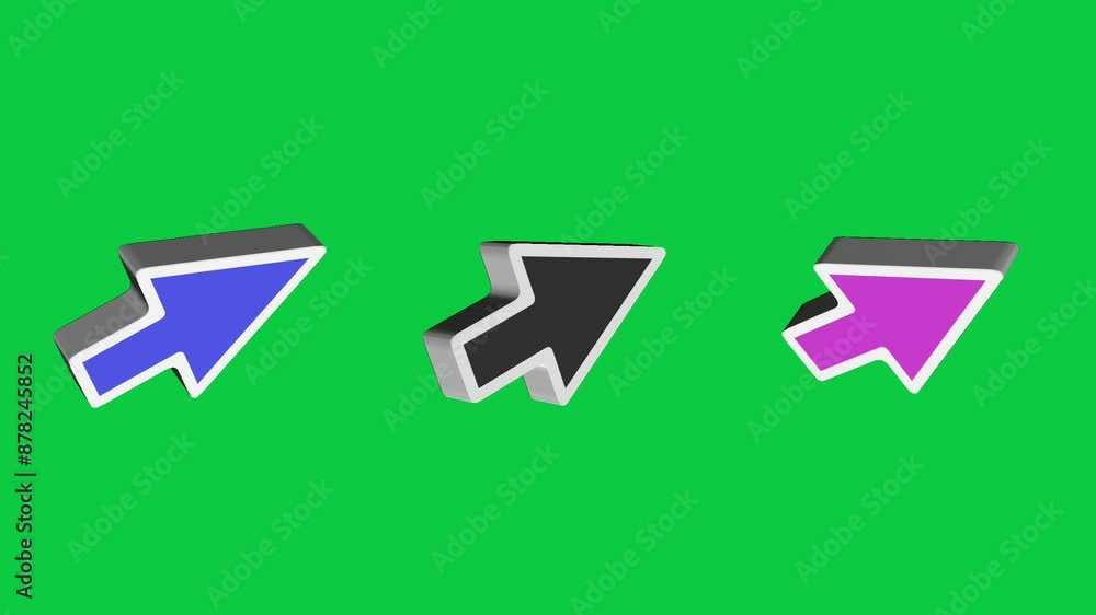 3 3D cursor pointer animation with 3 color different texture skin on green screen background. 3d ...