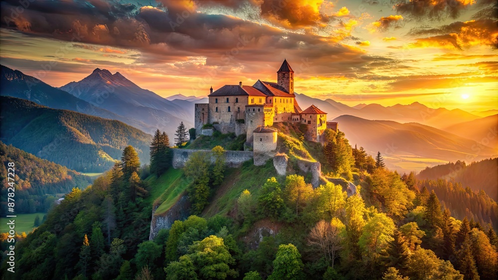 Sunrise casting a warm glow on a medieval castle perched high in the ...
