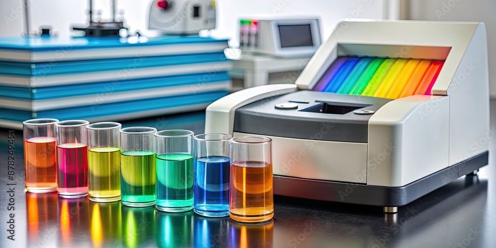 Spectrophotometer measuring colorful absorbance spectrum of a sample ...