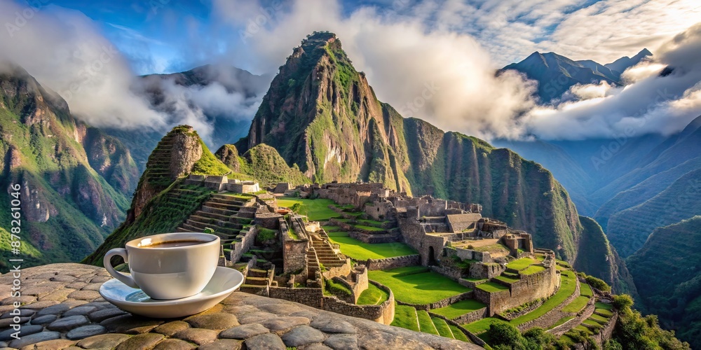 Cup of coffee on the background of Machu Picchu Peru , background, Peru ...