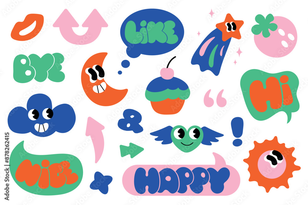 Set of stickers in flat cartoon design. This collection features retro ...